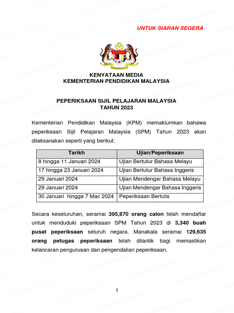 KM - KPM - Peperiksaan Sijil Pelajaran Malaysia Tahun 2023 | PDF