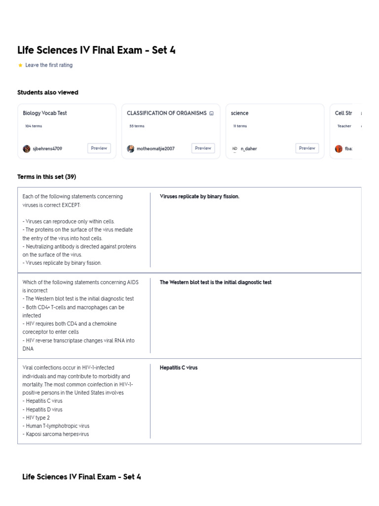 Life Sciences IV Final Exam - Set 4 Flashcards - Quizlet | PDF | Virus | Hiv