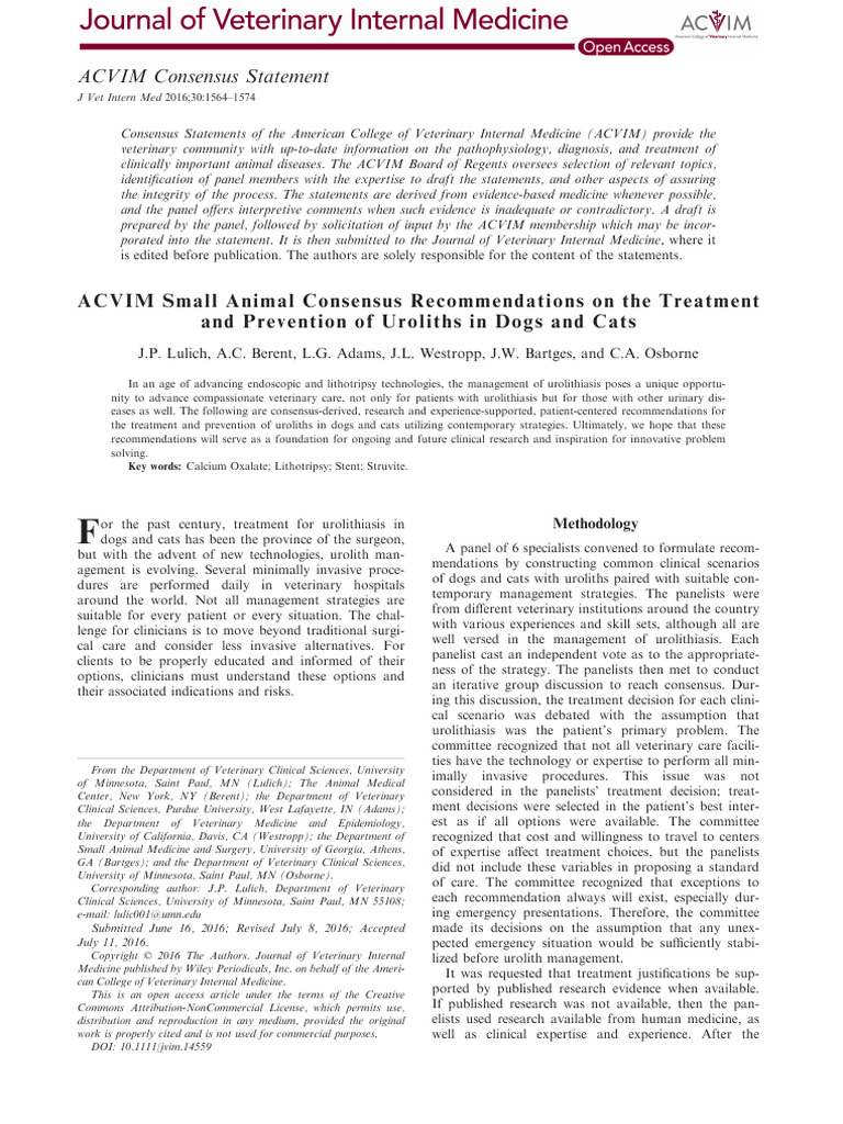 Veterinary Internal Medicne - 2016 - Lulich - ACVIM Small Animal Consensus Recommendations On ...
