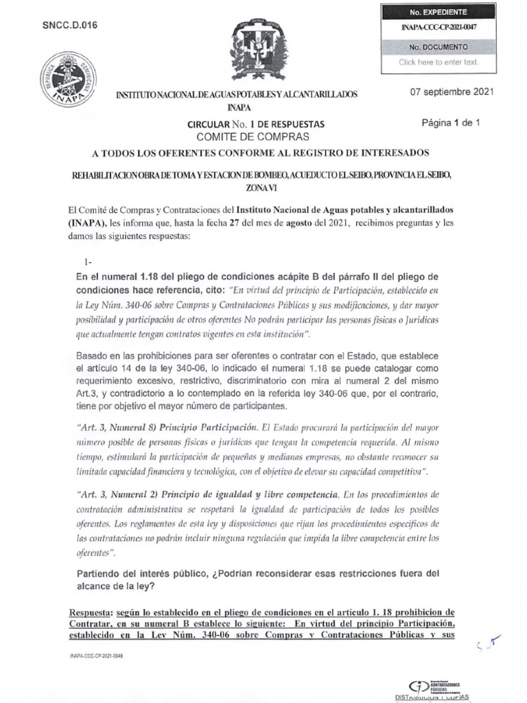 INAPA - CIRCULAR DE RESPUESTA NO. 01 | PDF | Seguro | Business