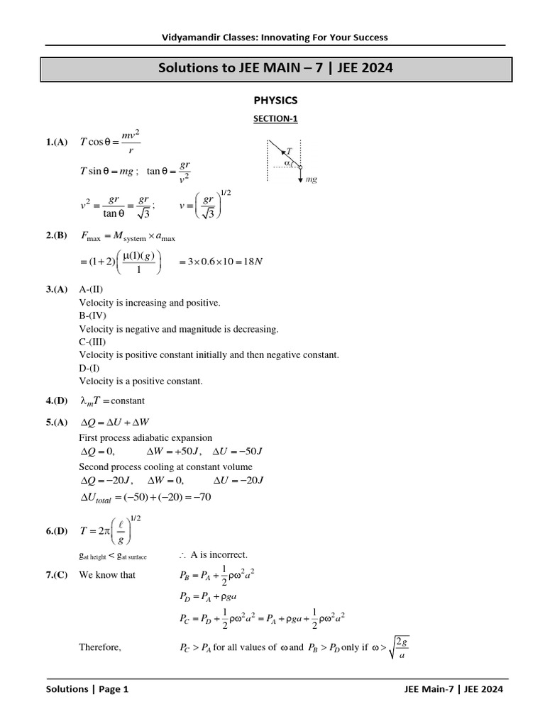 JEE Main-7 Solutions for Physics 2024 | PDF | Scientific Phenomena ...