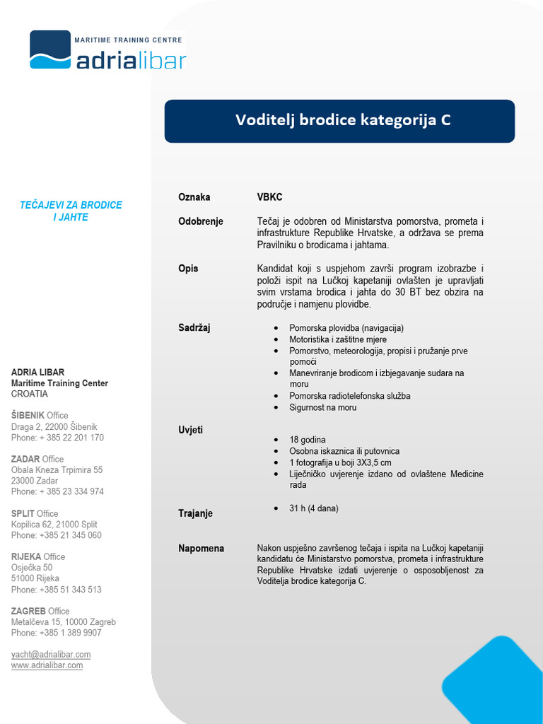 Voditelj Brodice Kategorija C: Oznaka VBKC Odobrenje | PDF