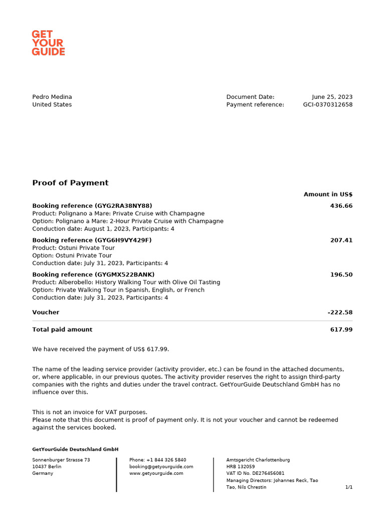 GYG Proof of Payment | PDF