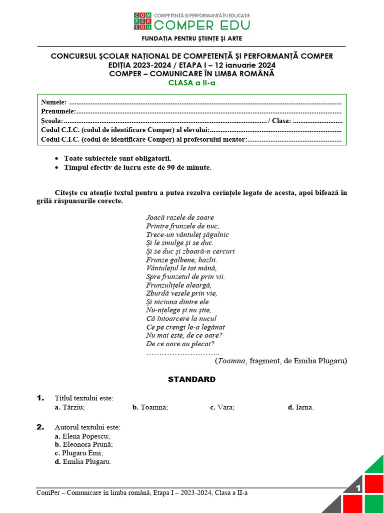 Subiect Comper Romana EtapaI 2023-2024-clasaII | PDF