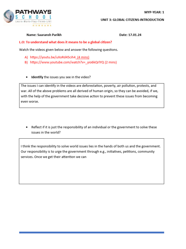 Global Citizen Worksheet Day 1 | PDF | Citizenship | Environmental ...