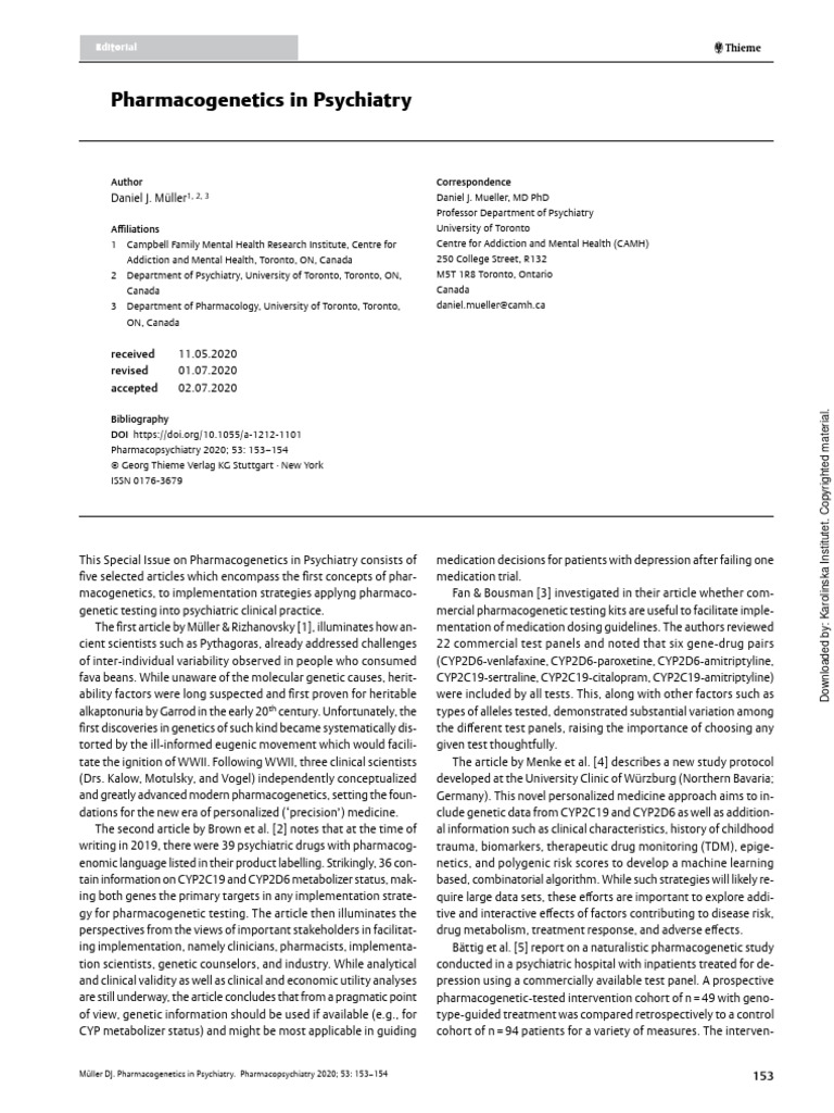 Pharmacogenetics in Psychiatry: Editorial | PDF | Pharmacogenomics | Psychiatry