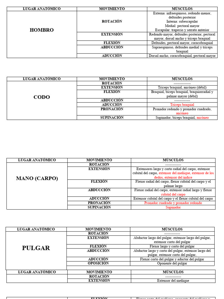 Cuadros de Movimientos | PDF | Articulaciones | Sistema musculoesquelético