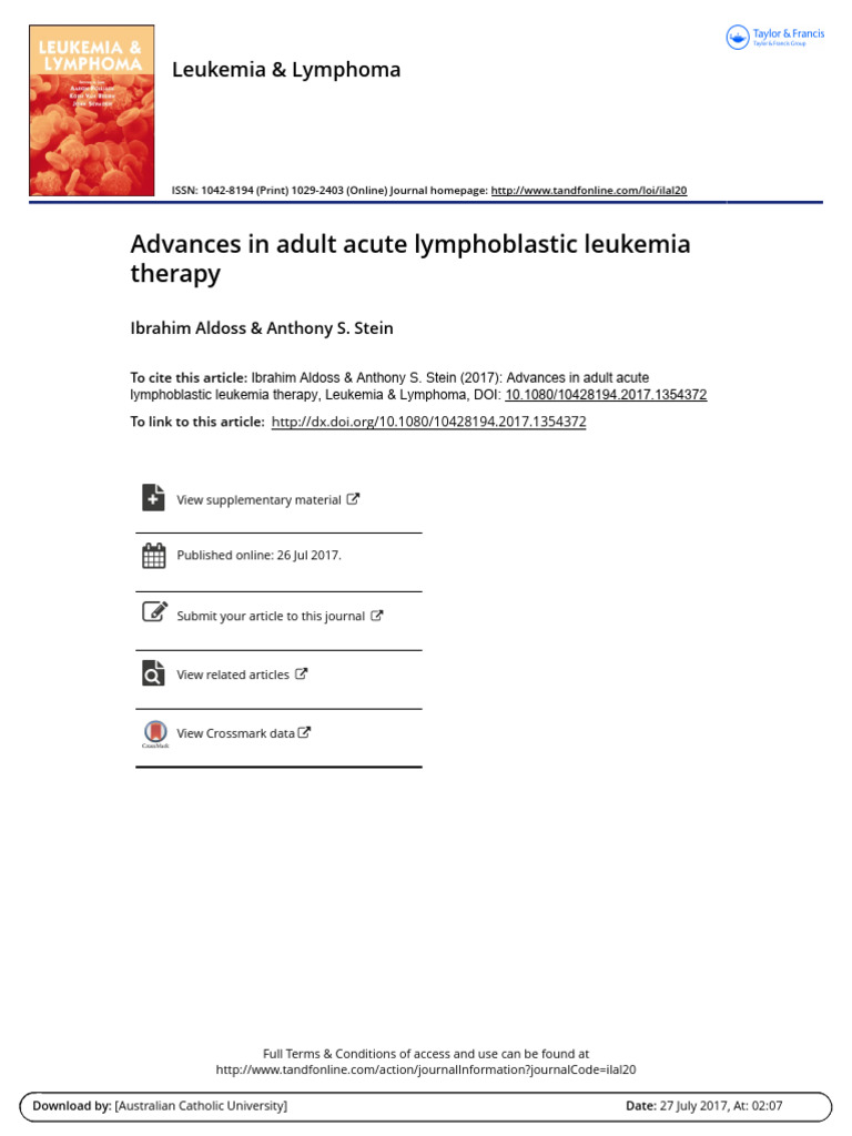 Advances In Adult Acute Lymphoblastic Leukemia Pdf Leukemia