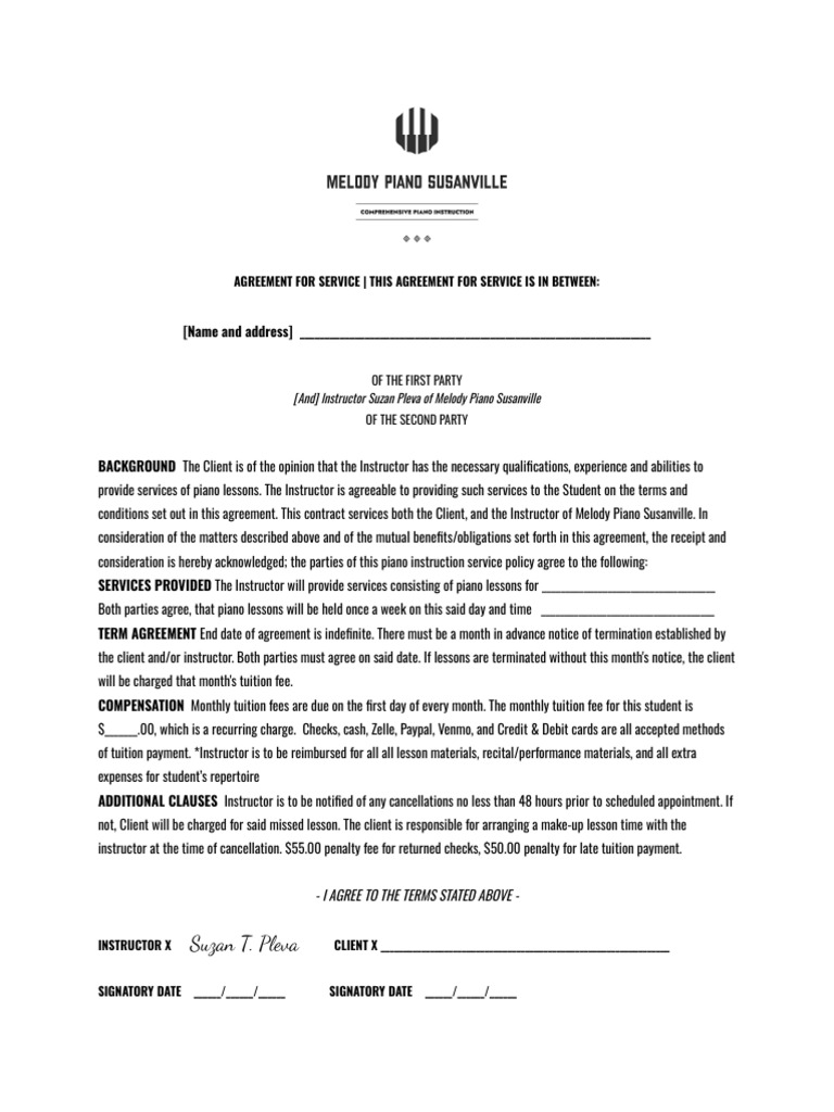 Piano Lesson Agreement with Suzan Pleva | PDF | Fee | Credit Card