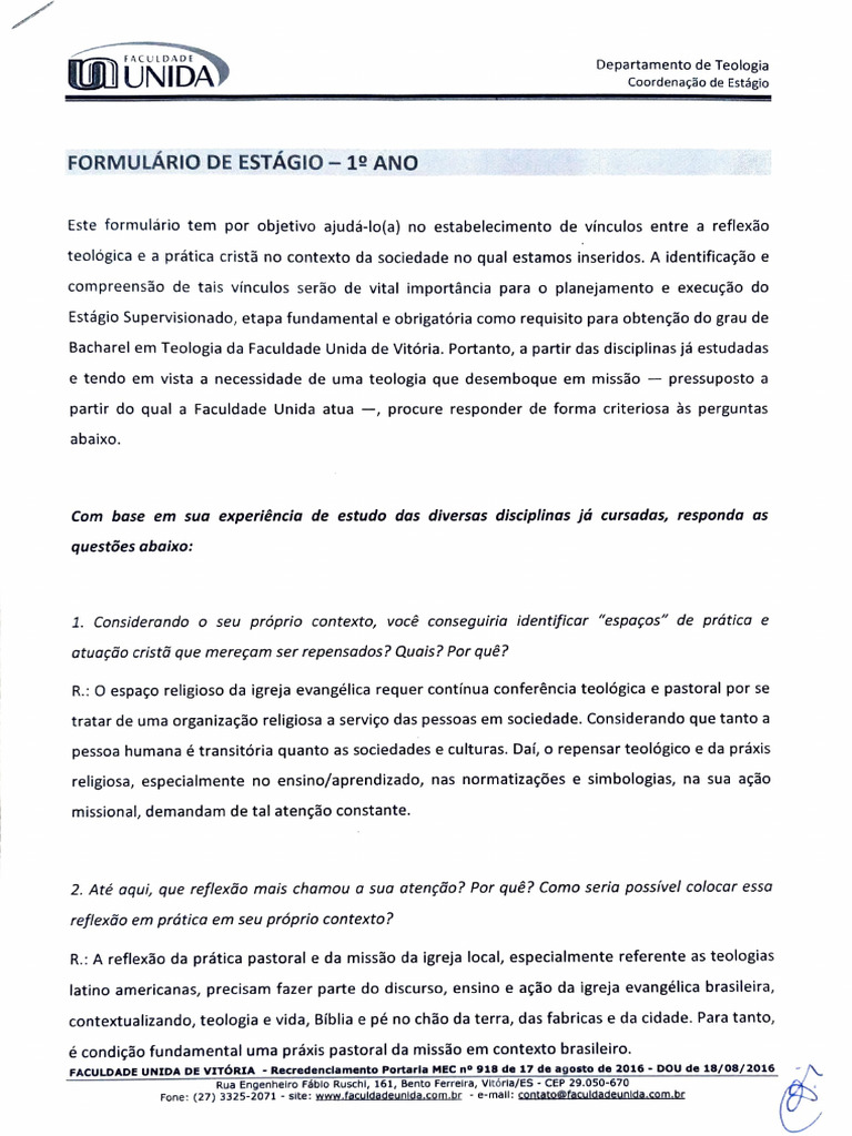 Formulário de Estágio | Download grátis PDF | Teologia