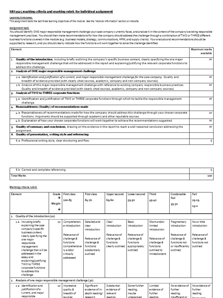 MN3915 Marking Criteria and Marking Rubric For Individual Assignment ...