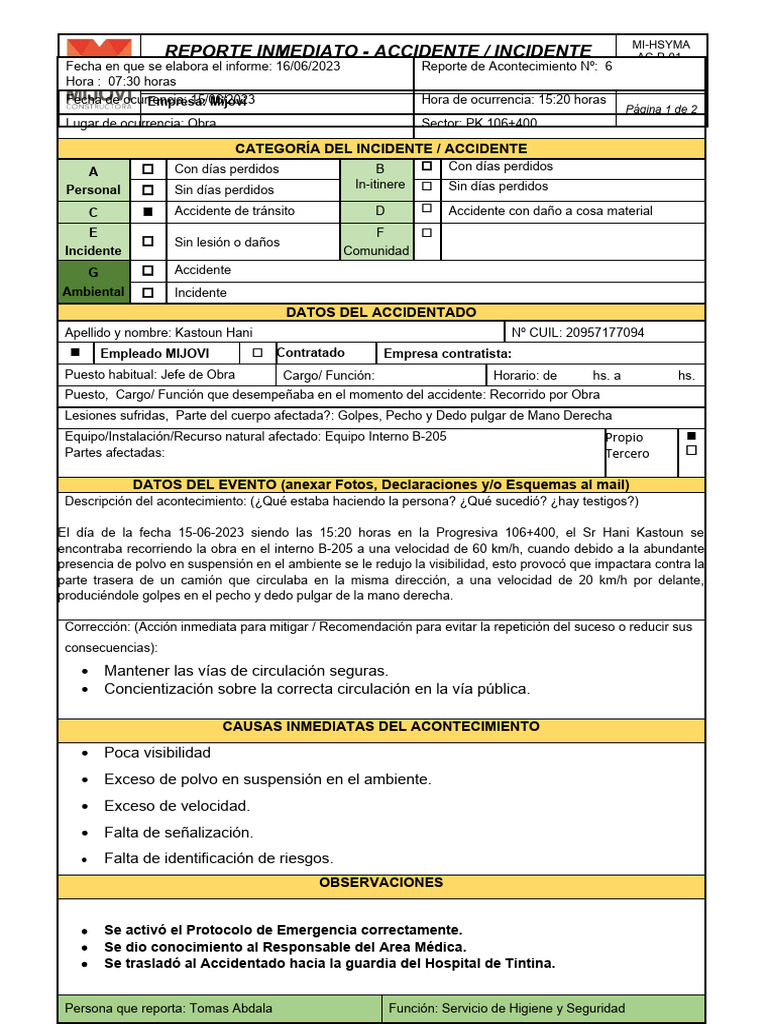 Reporte Inmediato Accidente - N° 6 | PDF