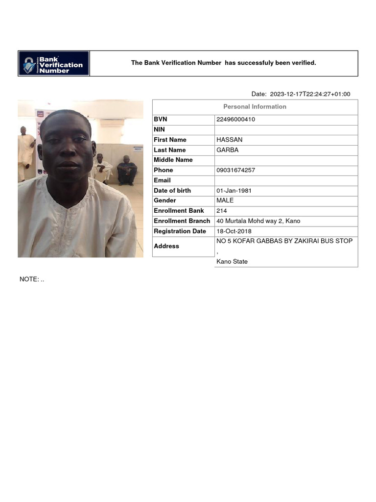 BVN Verification for Hassan Garba | PDF