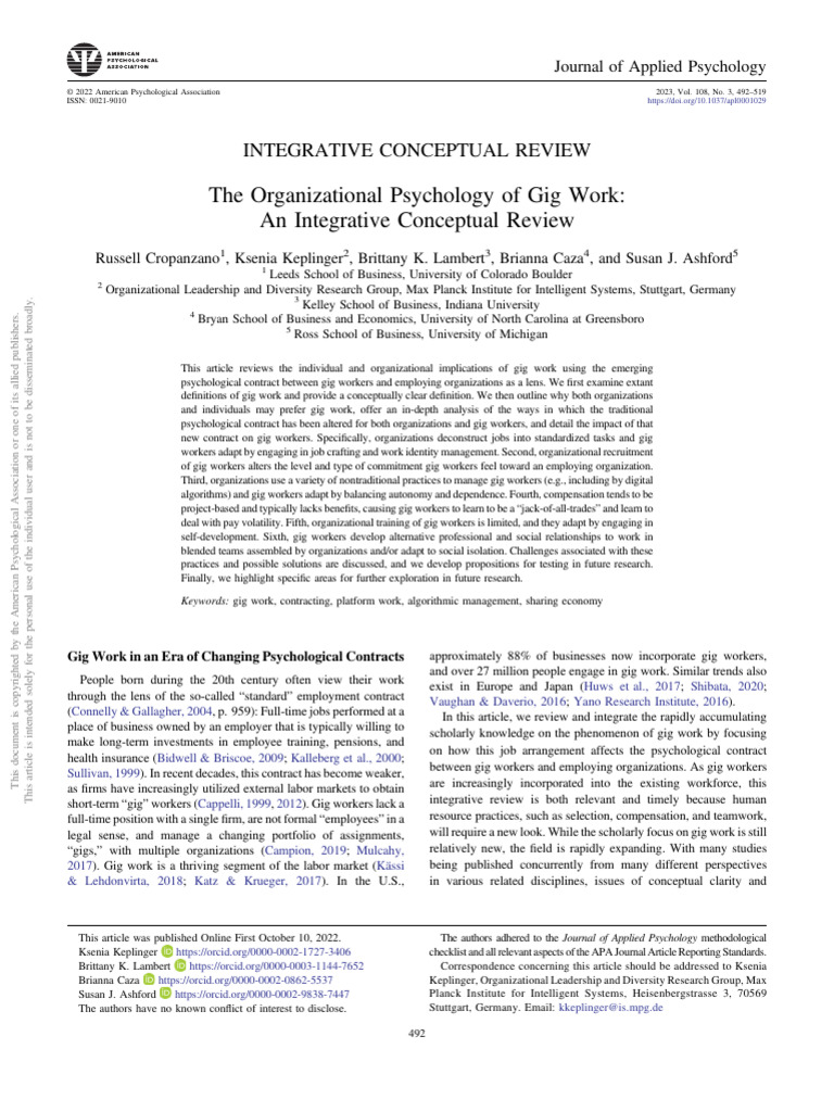The Organizational Psychology of Gig Work: An Integrative Conceptual Review | PDF | Psychology ...