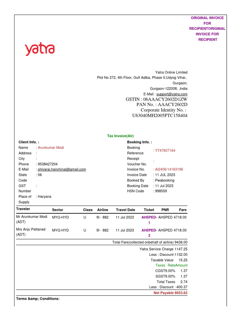Flight Invoice 1107230031056 | Download Free PDF | Invoice | Payments