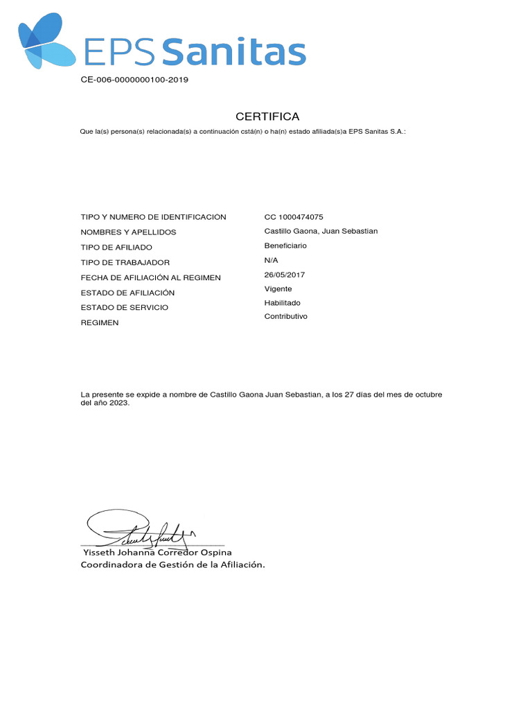 Certificado de Afiliacion Sanitas | PDF