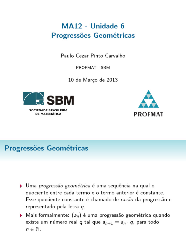 Aula 4 - Progressão Geométrica | PDF | Matemática | Matemática elementar