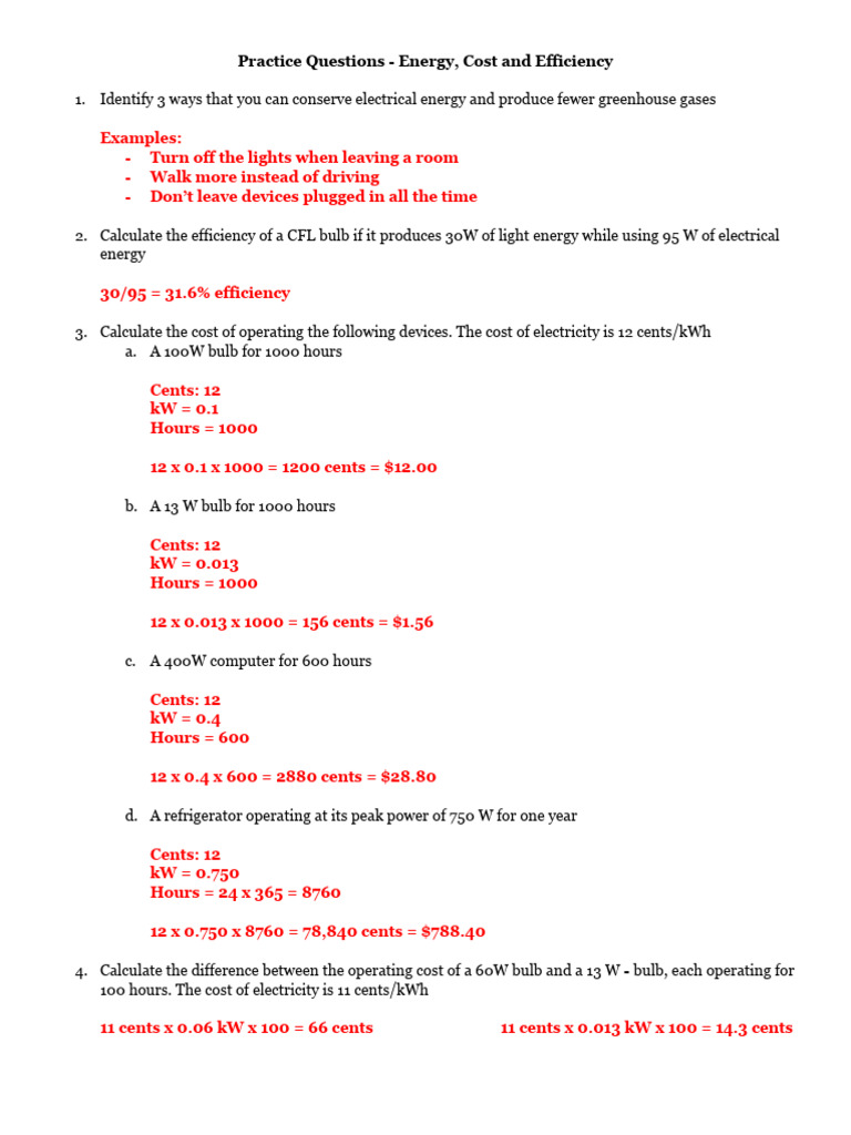 Efficiency Worksheet (ANS) | PDF | Watt | Refrigerator