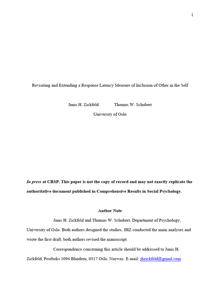 Revisiting and Extending A Response Latency Measure of Inclusion of The Other in The Self | PDF ...