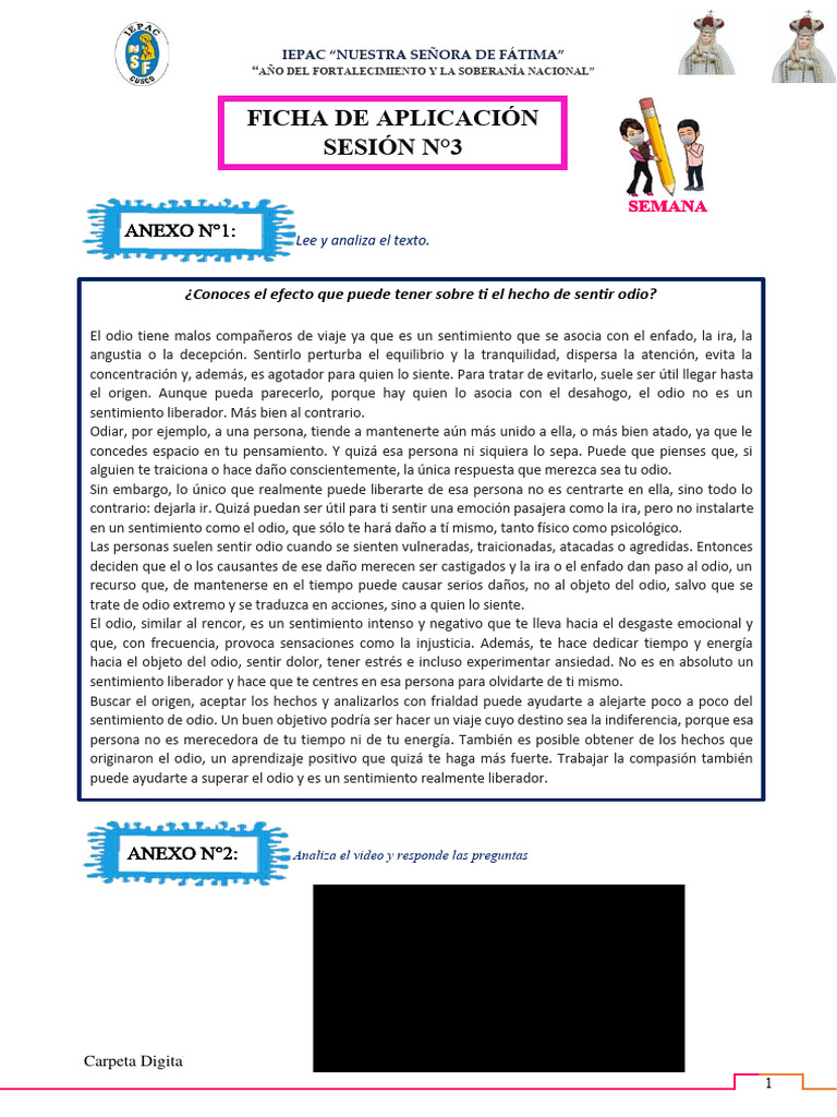 1° Ficha de Aplicacion Sesion 3-Sem.3-Exp.2-Tutoría | PDF | Las emociones | Odio