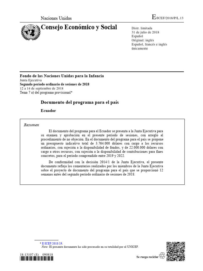 2018 PL13 Ecuador - CPD ODS ES | PDF | Unicef | Igualdad de género