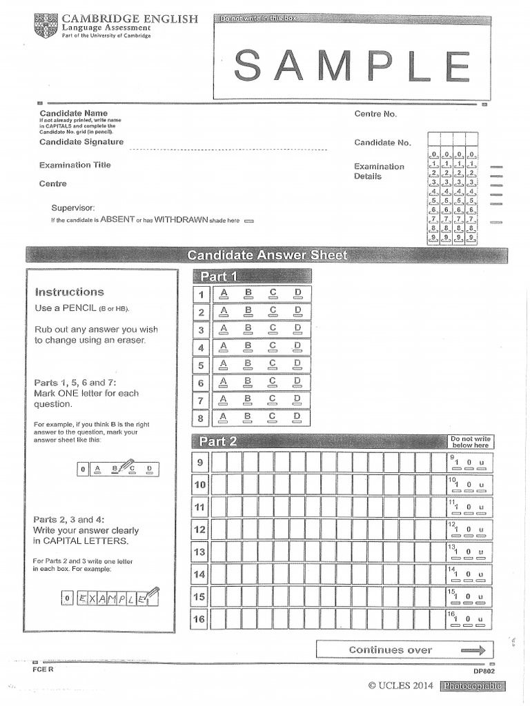 Fce Answer Sheet - Reading and Use of English (2015) | PDF