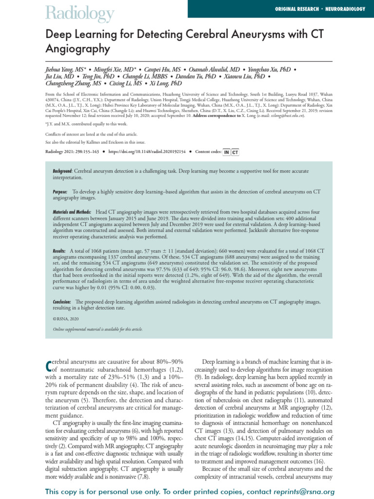 Yang Et Al 2020 Deep Learning For Detecting Cerebral Aneurysms With CT Angiography | PDF ...