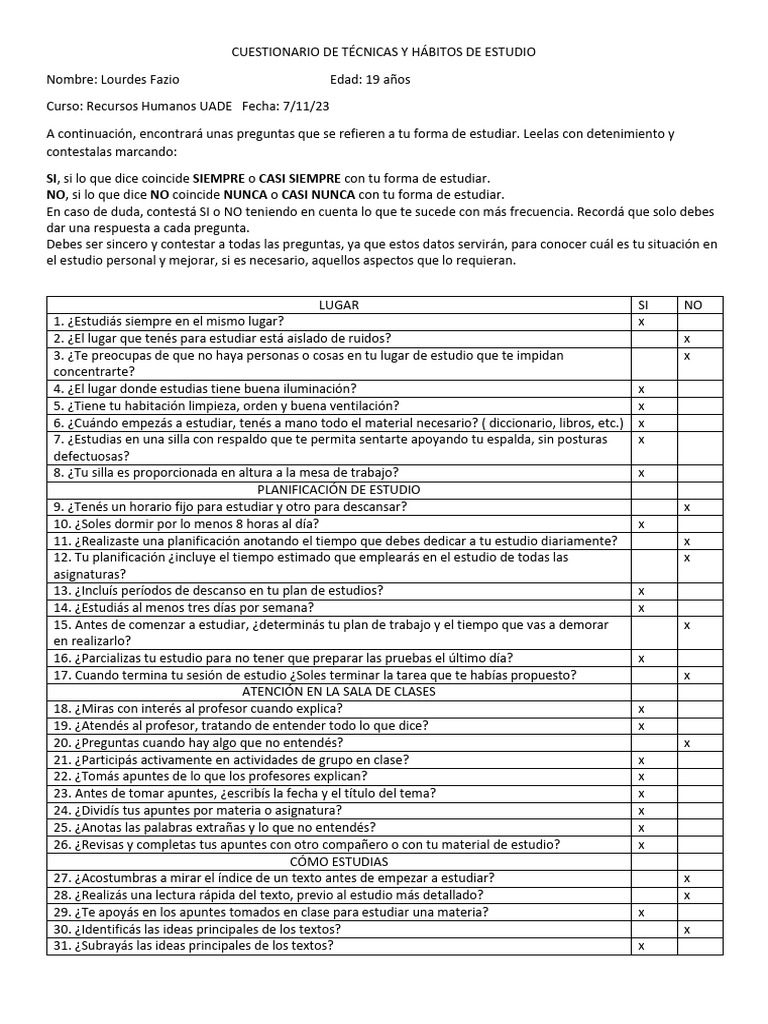 Cuestionario de Técnicas y Hábitos de Estudio | PDF