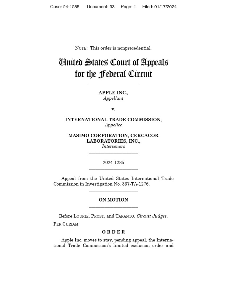 Federal Circuit Denies Apple Motion To Stay | PDF | United States ...