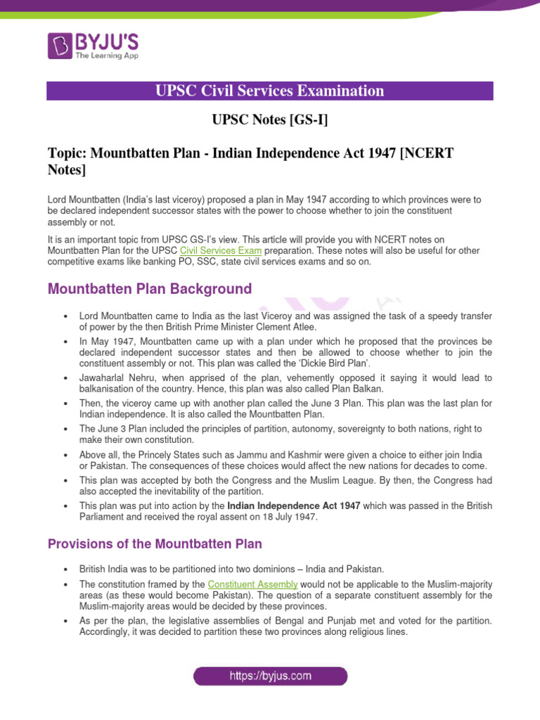 Mountbatten-Plan-Indian-Independence-Act-1947-NCERT-Notes | PDF ...