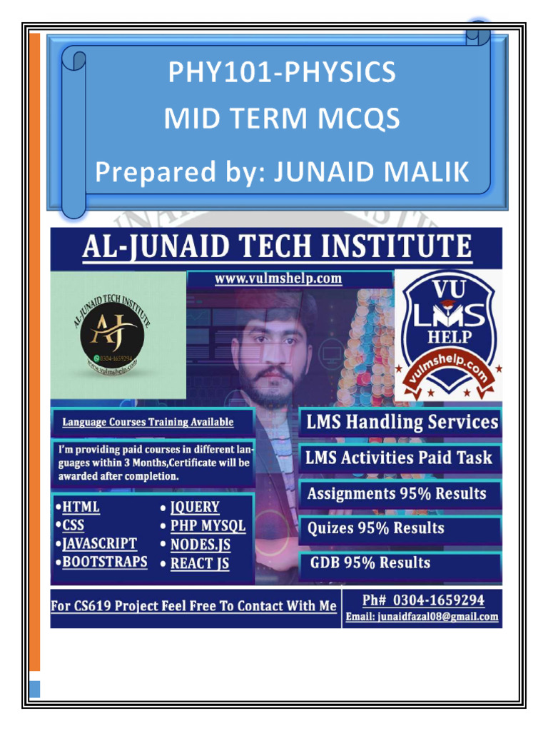 PHY101 MIDTERM SOLVED MCQS by JUNAID | PDF | Force | Acceleration