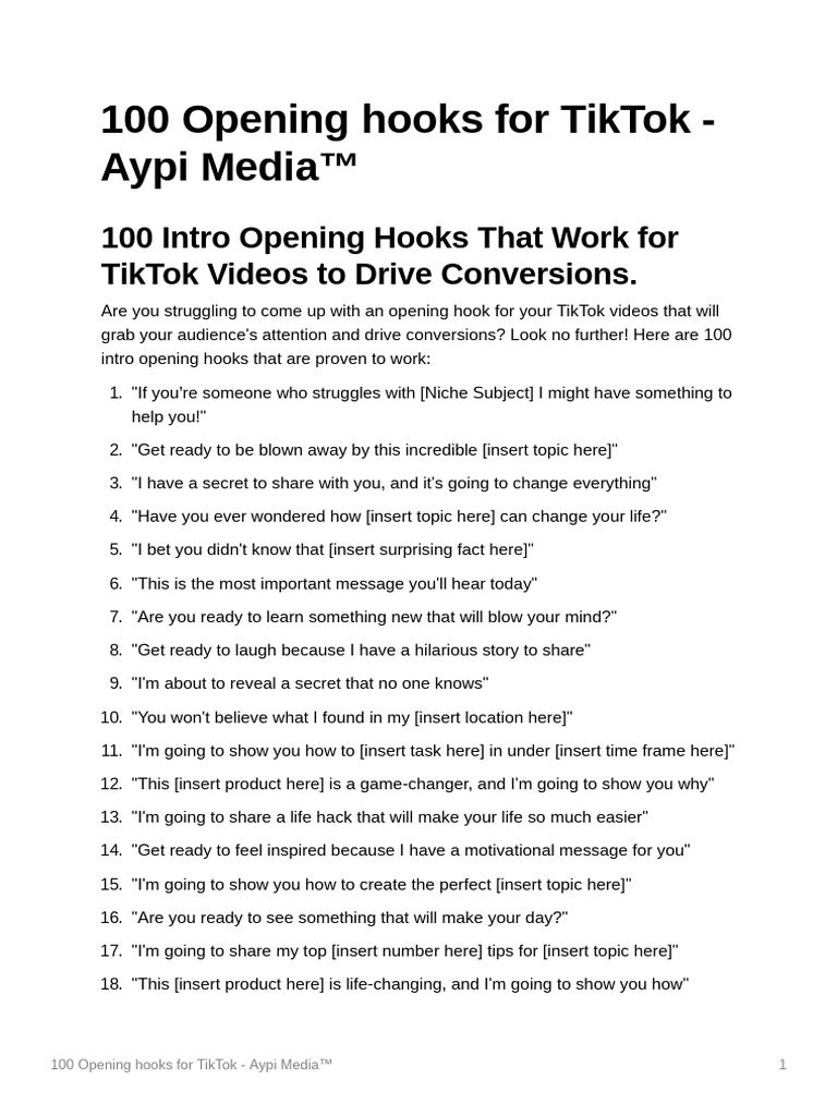 100 Opening Hooks For TikTok - Aypi MediaTM | PDF