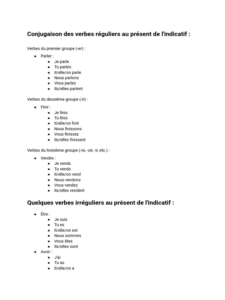 Conjugaison des verbes au présent | PDF