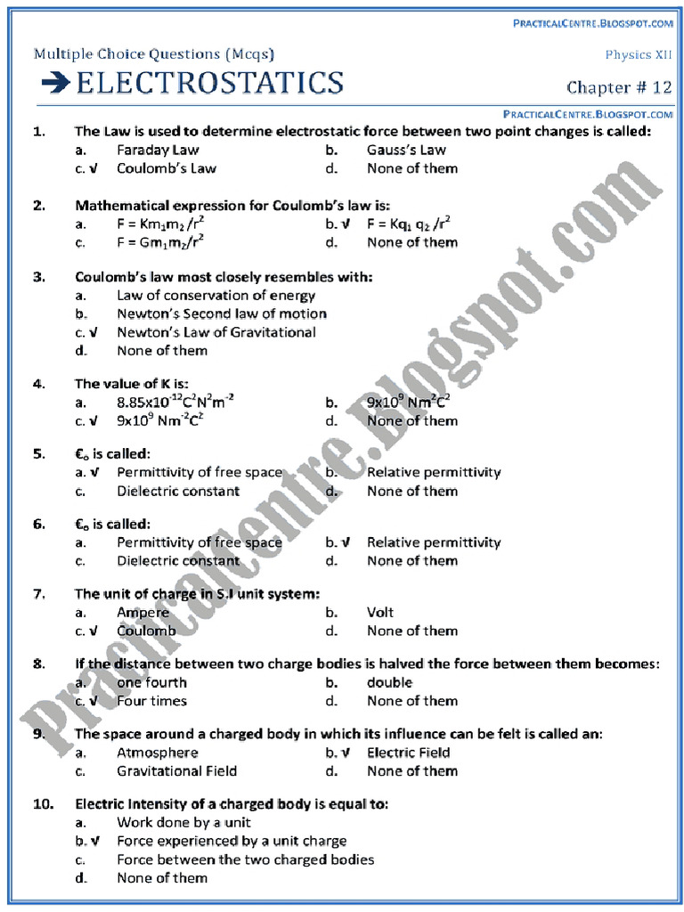 (L) Electrostatics Mcqs | PDF
