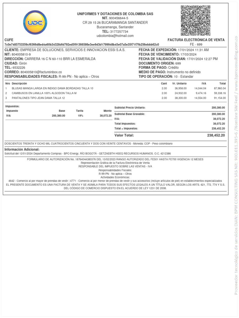 Factura Electrónica de Venta - Uniformes Colombia | PDF | Factura ...