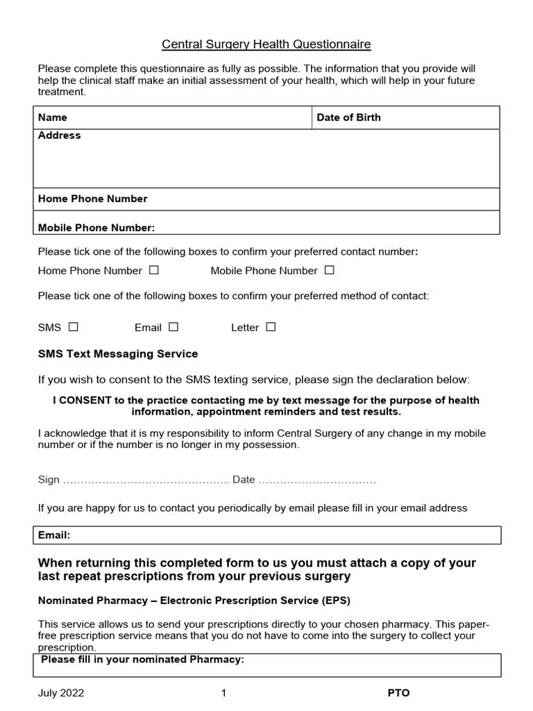 Central-Surgery-Health-Questionnaire (1) | PDF | Medicine | Pediatrics