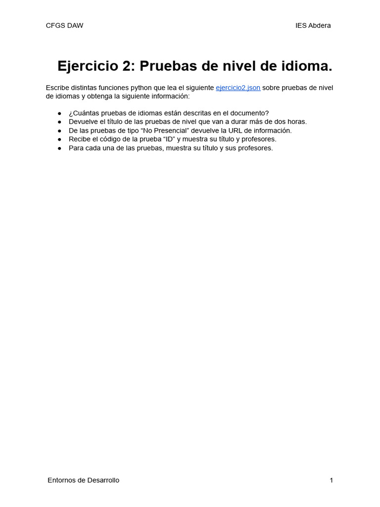 JSON. Ejercicio 2 Pruebas Nivel de Idioma | PDF
