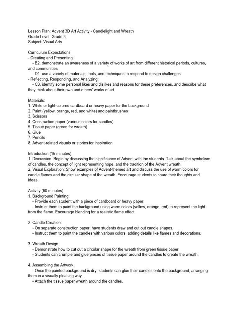 Lesson Plan Advent 3d Art Activity - Candlelight and Wreath | PDF ...