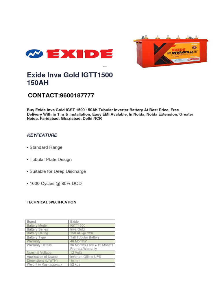 exide-150ah-inva-gold-igtt-1500 | PDF