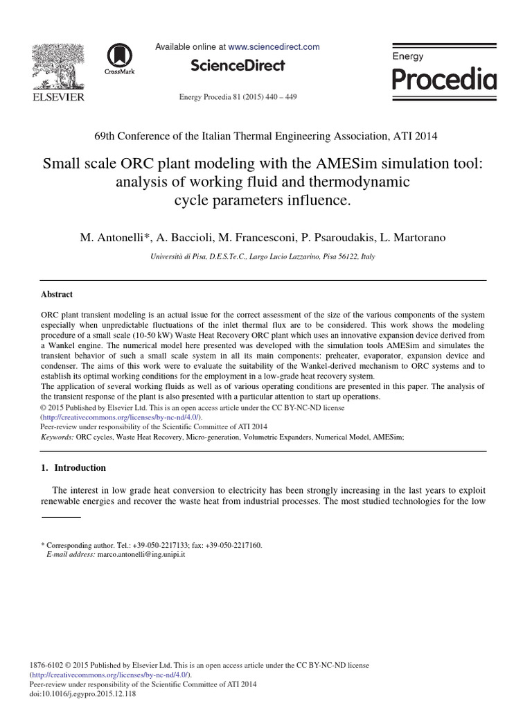 Small Scale ORC Plant Modeling With The AMESim Simulation Tool | PDF | Temperature | Heat Exchanger