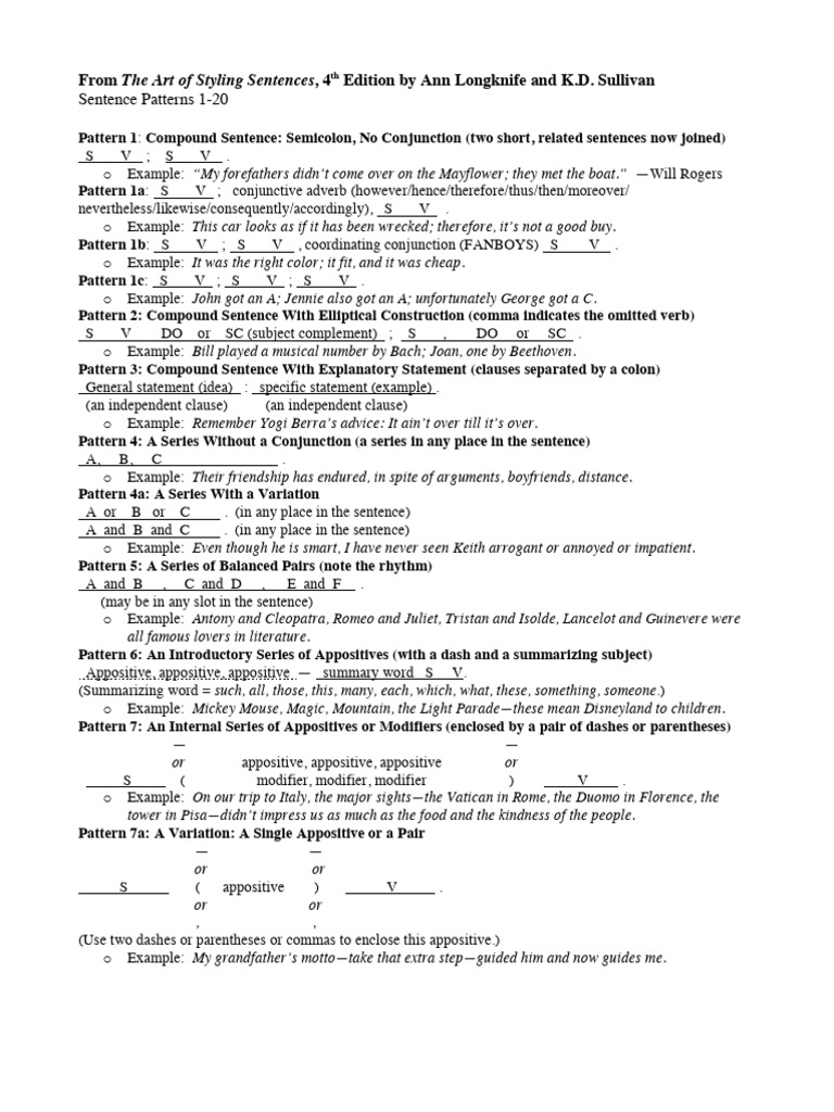 Sentence Patterns 1-20.pdf - Teacher | PDF | Syntax | Grammar