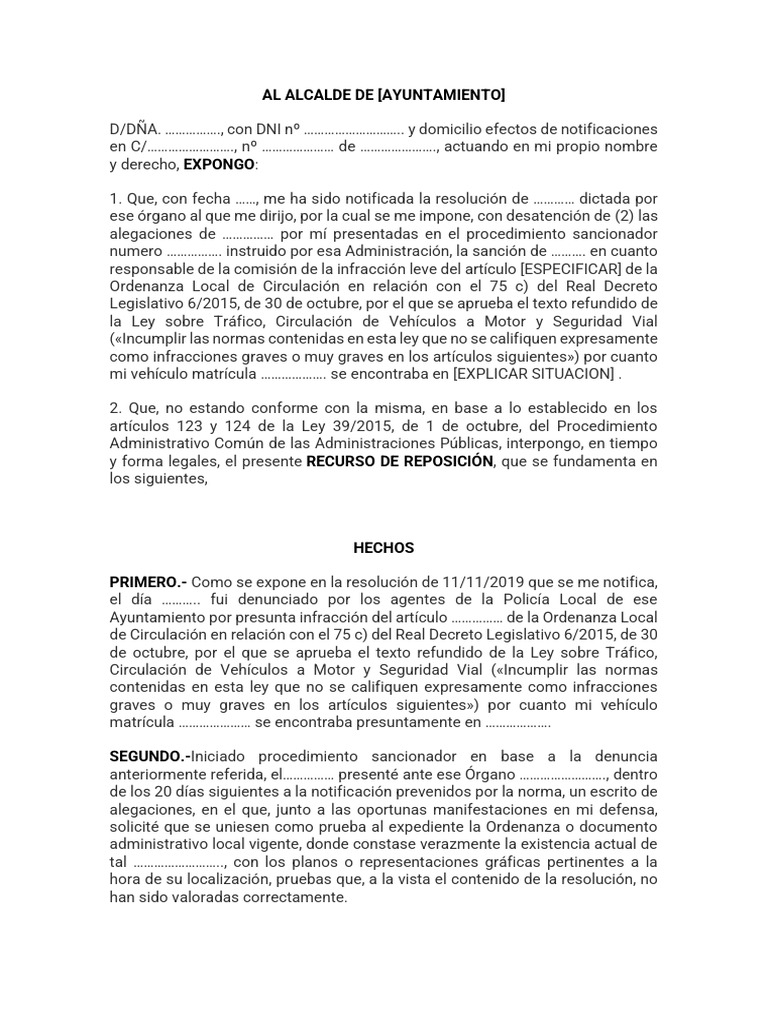 Modelo de Recurso para Multa Policia Local | PDF | Peatonal ...