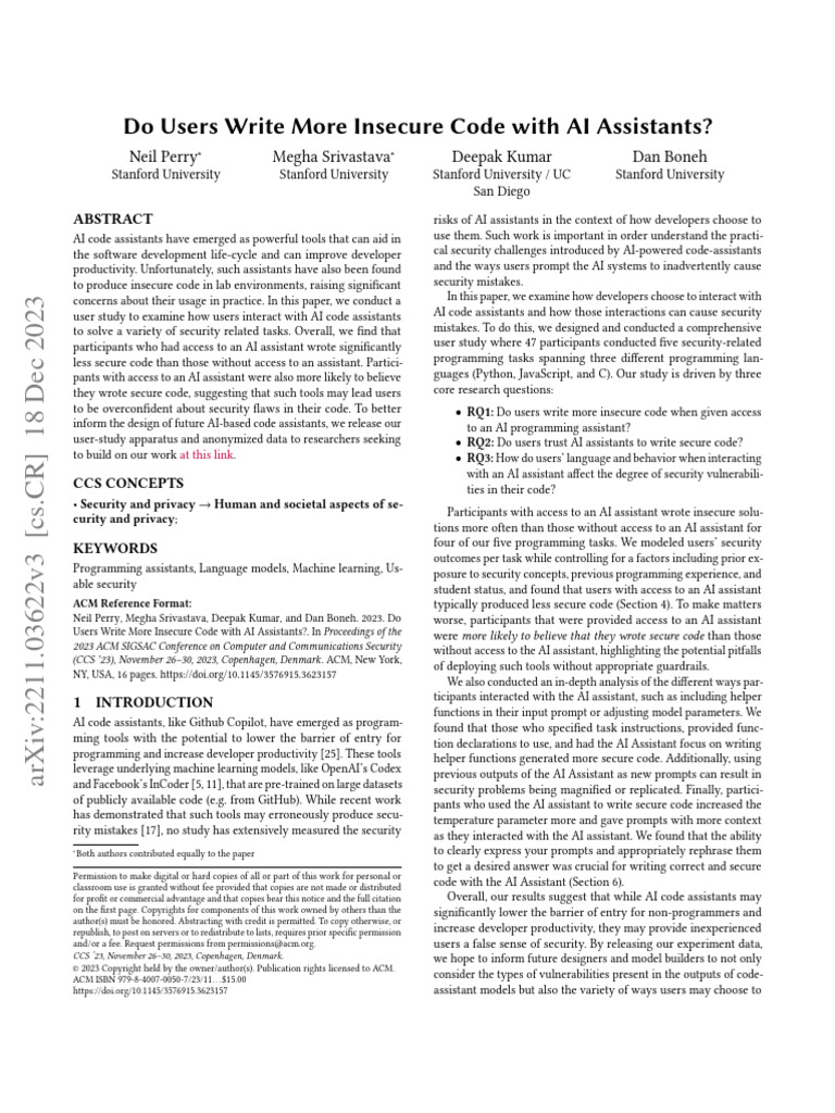 Do Users Write More Insecure Code With Ai Assistants Neil Perry Megha Srivastava Deepak Kumar 0544