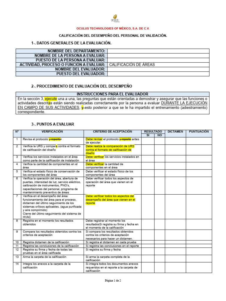 Calificación Del Desempeño Del Personal de Validación Calificacion ...