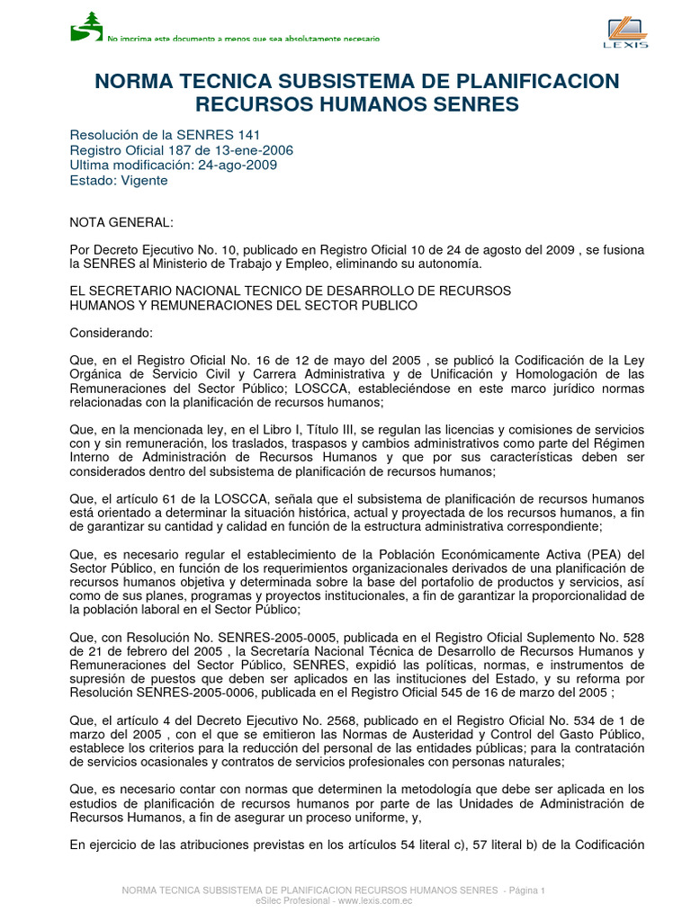 Norma Tecnica Subsistema de Planificacion Recursos Humanos Senres | PDF | Gestión de recursos ...