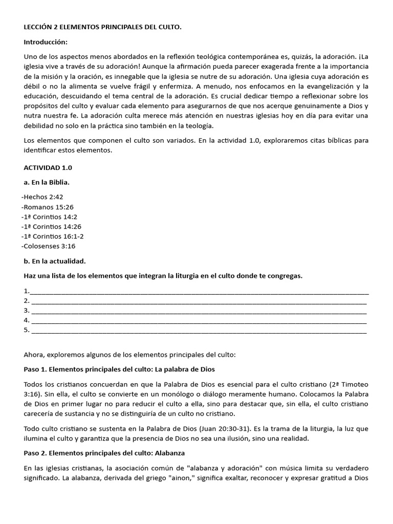 Lección 2 Elementos Principales Del Culto | PDF | Liturgia | Dios