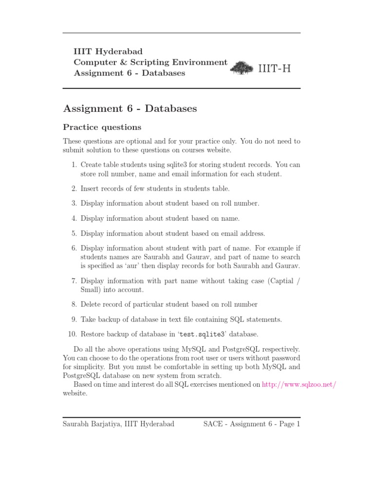 IIIT Hyderabad Computer & Scripting Environment Assignment 6 - Databases | PDF | Databases ...