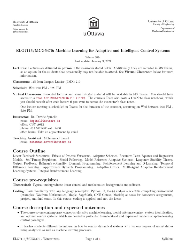 syllabus-ELG7113MCG5470 w2024 | PDF | Dynamic Programming | Machine ...