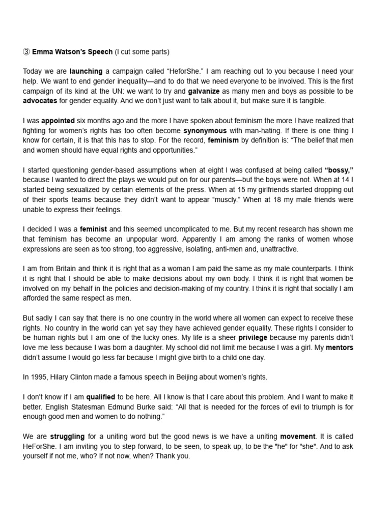 Emma Watson's HeForShe Campaign Speech | PDF | Gender Studies | Feminism