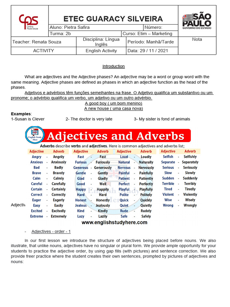 Adverbs and Adjectives - Pietra Safira 2b | PDF | Adjective | Noun